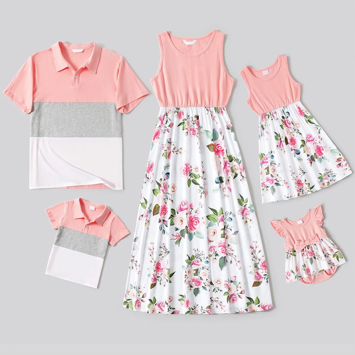Family Matching Outfits Pink Sleeveless Splicing Floral Midi Dresses a ...